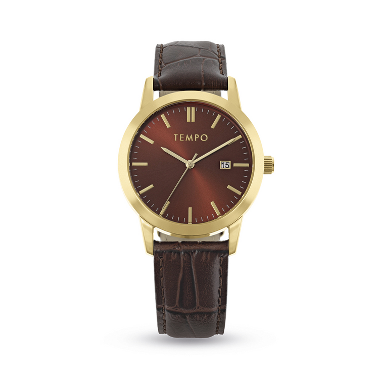 Tempo Men's Gold Plated Brown Leather Watch