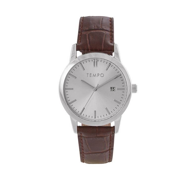 Tempo Men’s Silver Tone Leather Strap Watch