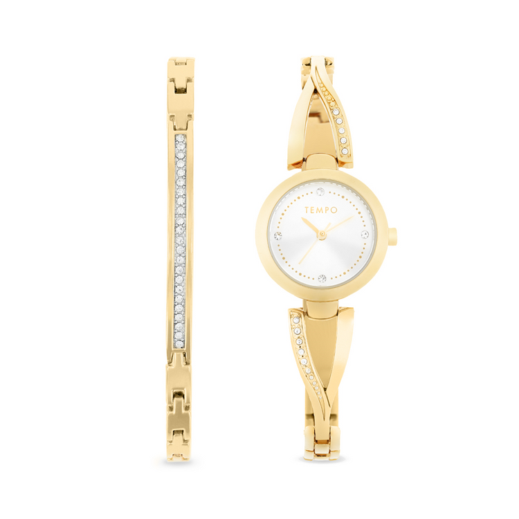 Tempo Ladies Gold Tone Round Bangle Watch Set