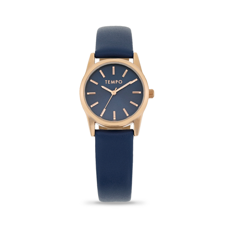 Tempo Ladies Round Rose Tone & Navy Leather Watch