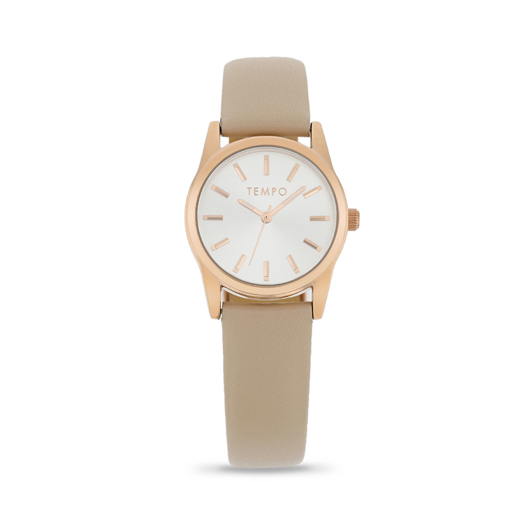 Tempo Women's Round Rose Tone & Sand Leather Watch