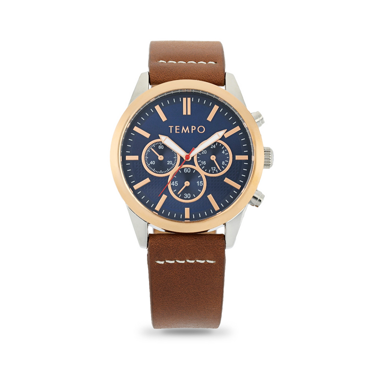 Blue Dial Tempo Men's Brown Leather Watch