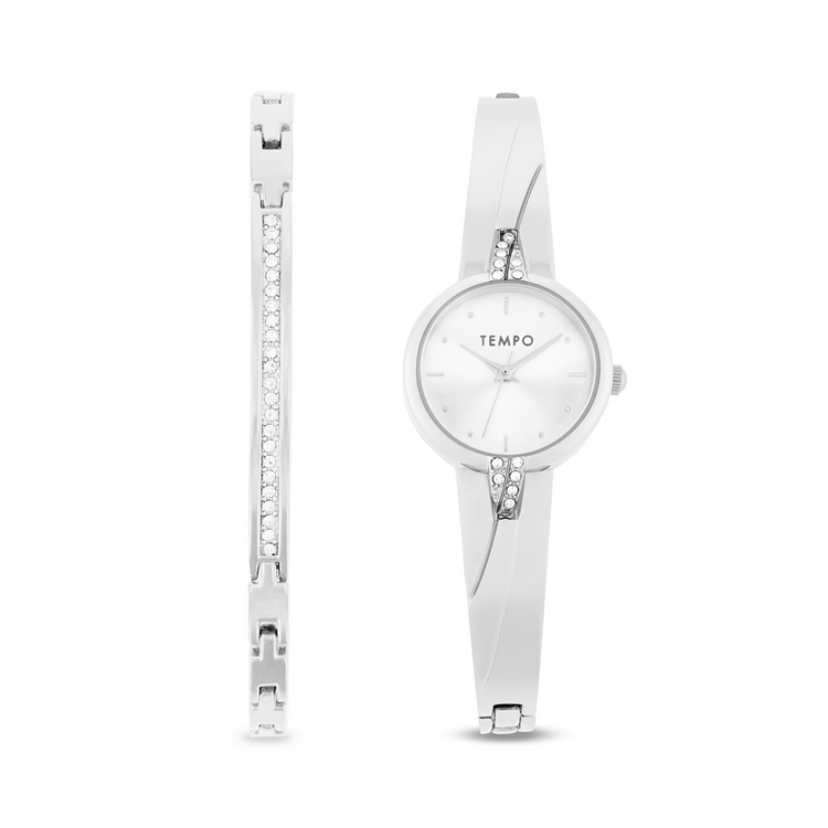 Tempo Ladies Silver Tone Bangle Watch & Bracelet Set