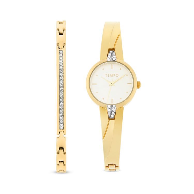 Tempo Ladies Gold Tone Bangle With Crystals Watch Set