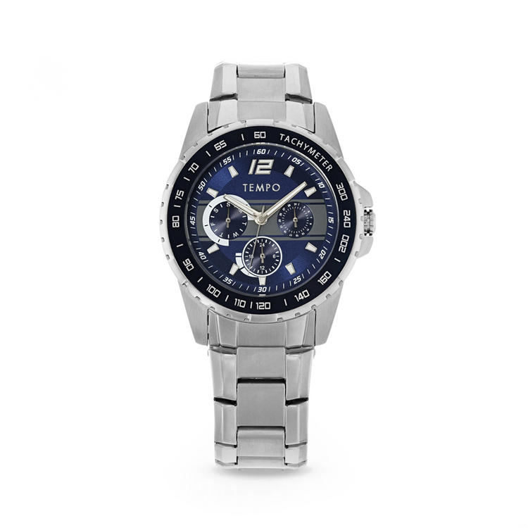 Tempo gents silver toned watch with blue multi dial