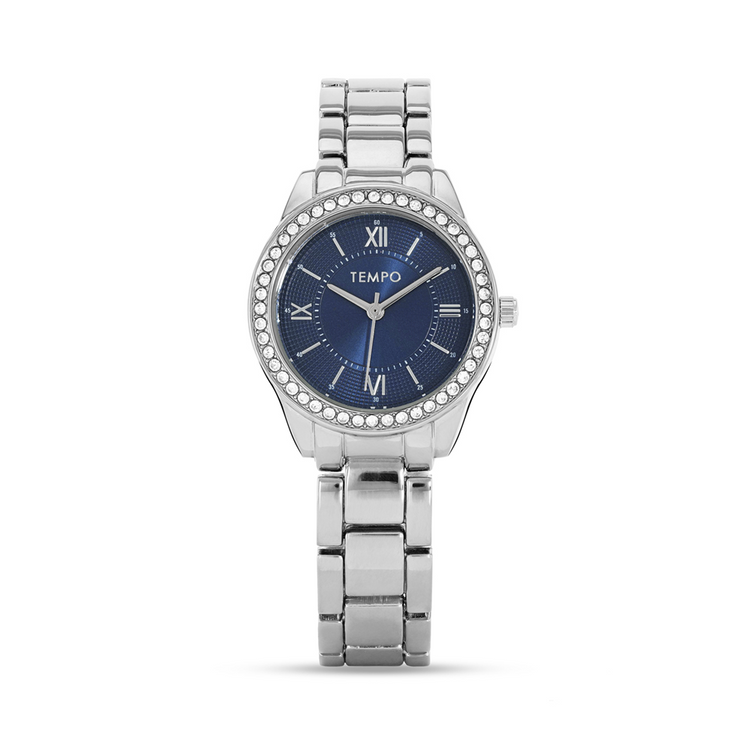 Tempo Ladies Silver Toned Watch with Blue Dial