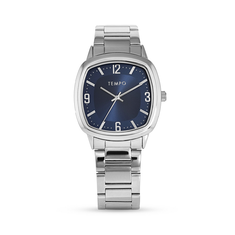 Tempo Men’s Silver Tone Blue Dial Rectangle Bracelet Watch