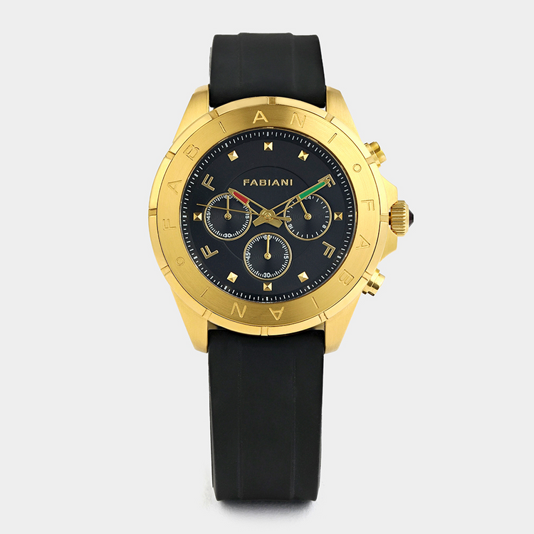 Fabiani Men’s Gold Plated Stainless Steel Multi Dial Black Silicone Watch