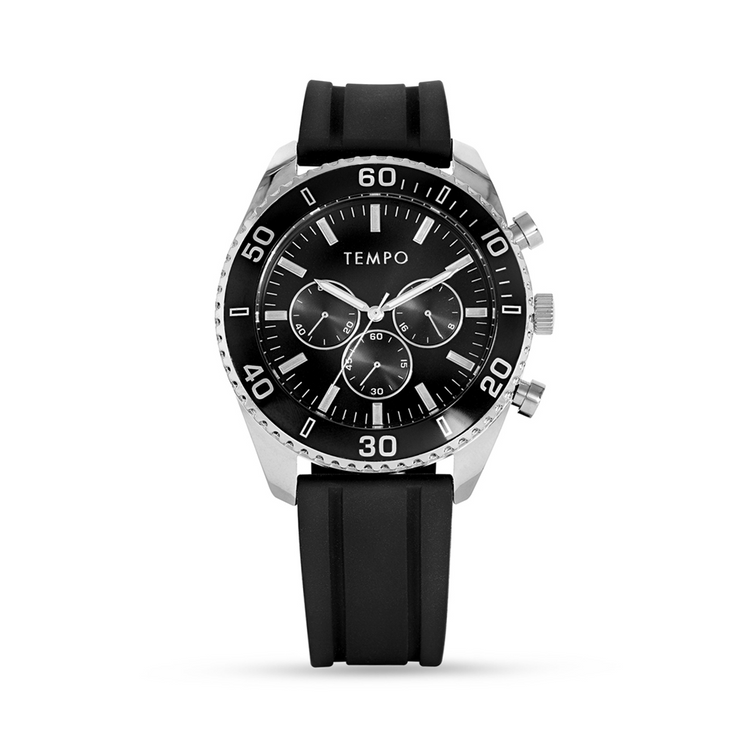 Tempo Men’s Silver Tone & Black Silicone Fashion Chronograph Watch