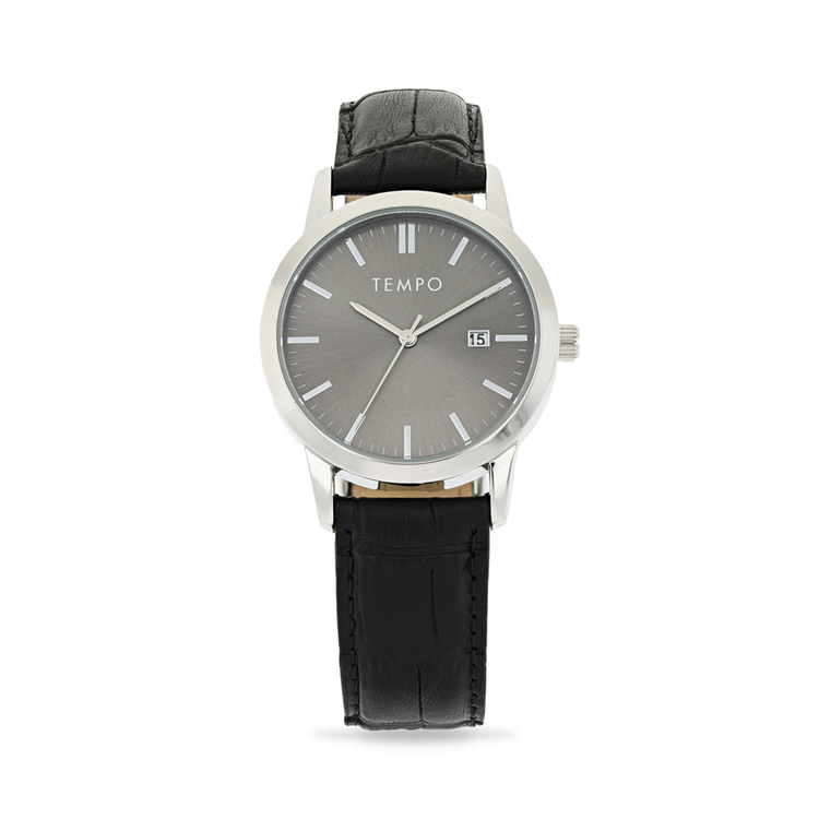 Tempo Men's Silver Toned Black Leather Watch With Date Function