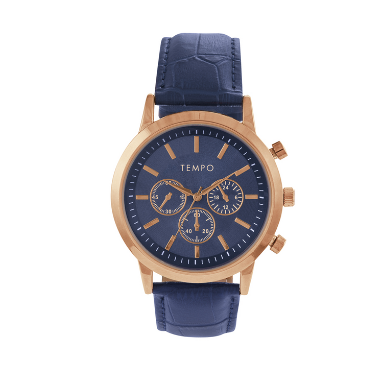 Tempo Men’s Fashion Multi-Function Rose Gold & Blue Tone Watch