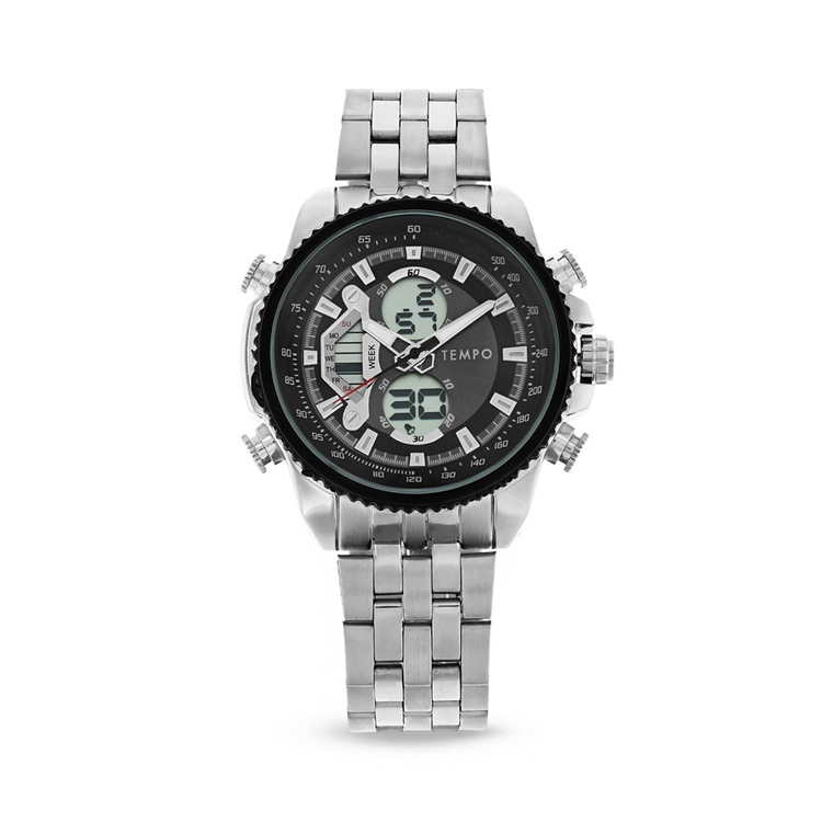 Tempo Men's Black & Silver Plated Ana-Digi Watch