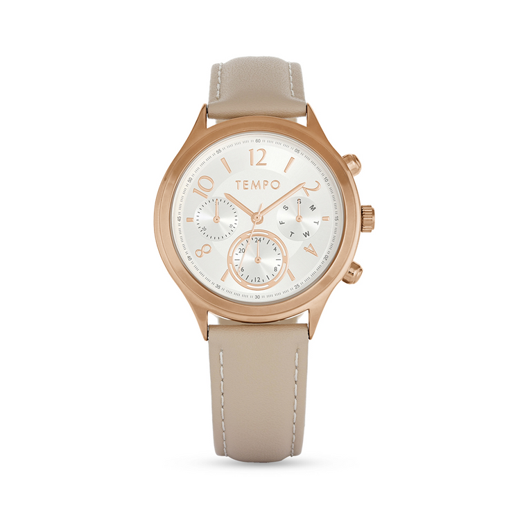 Tempo Ladies Rose Toned and Natural Colour Leather Watch with Multi ...