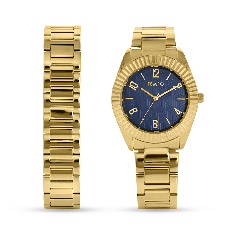 Tempo Men’s Gold Plated Blue Dial Bracelet Watch Set