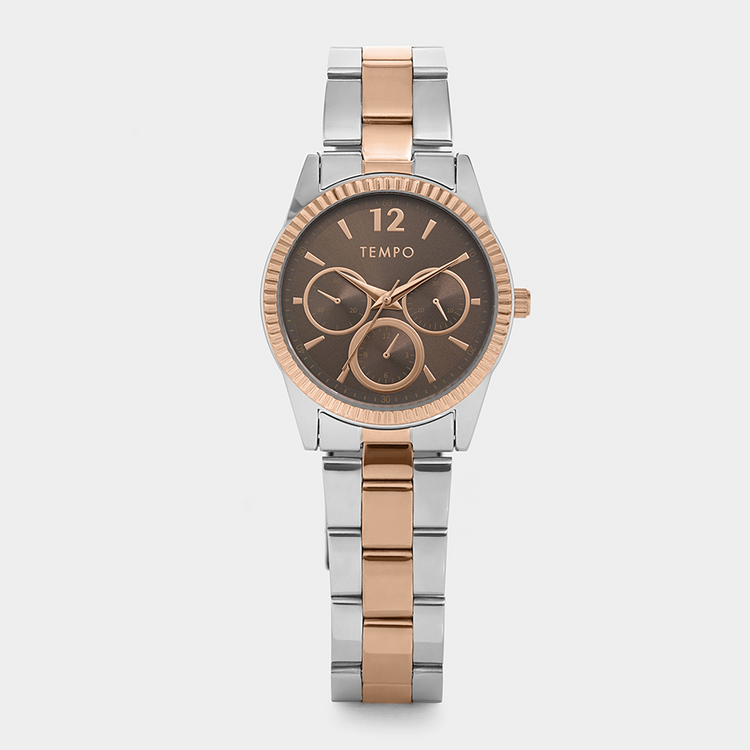 Tempo Women’s Silver & Rose Plated Coin Edge Brown Dial Bracelet Watch