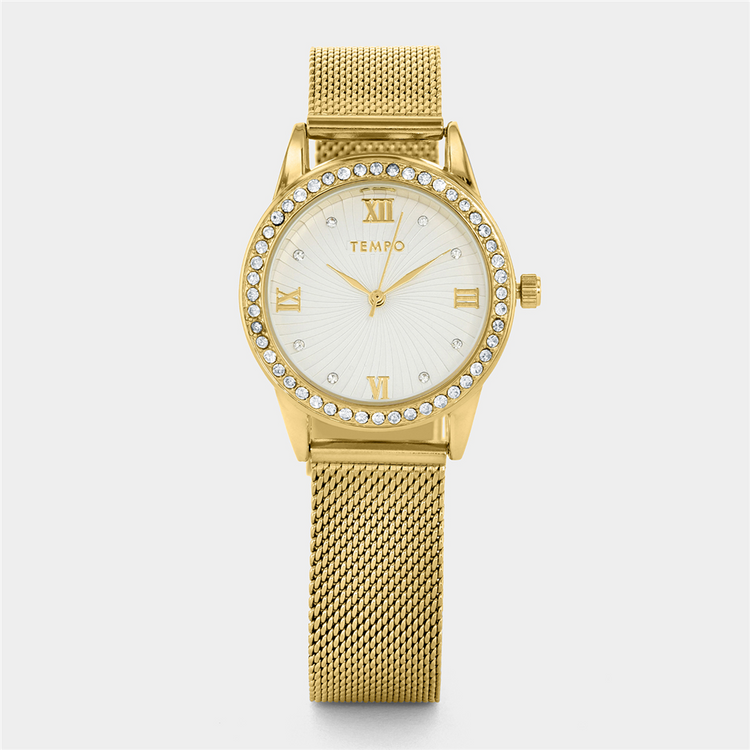 Tempo Women’s Gold Plated Silver Dial Mesh Watch